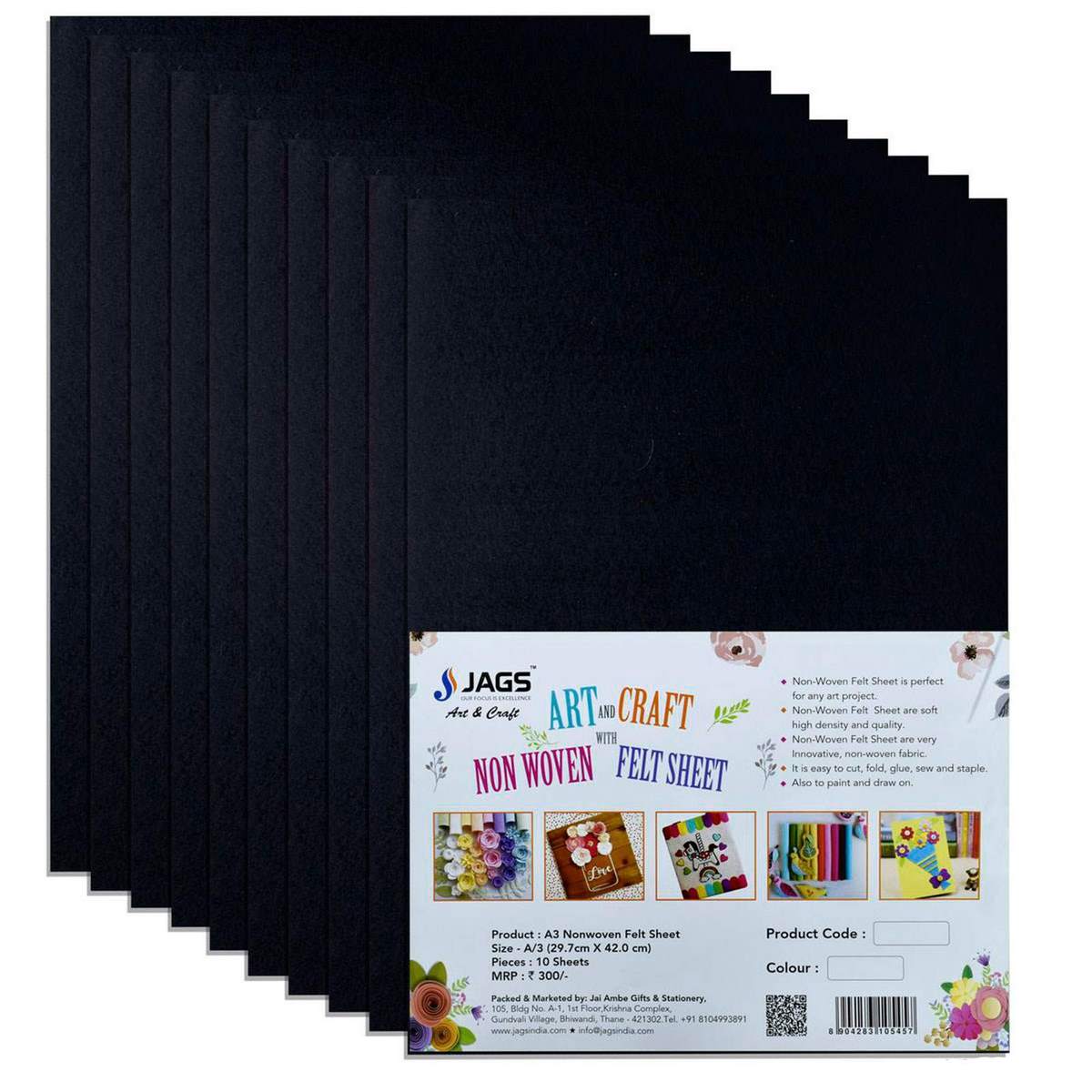 A3 Felt Sheet For Crafts | 1 mm Thick | Black | Pack of 10