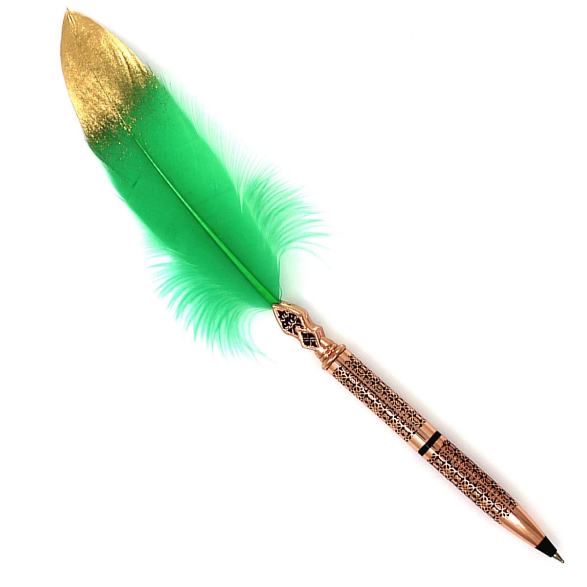 JAGS Feather Ball Point Pen - Copper Pen with Green Feather - Pen Size ...